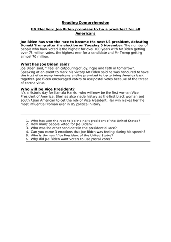US Presidential Election Comprehension | Teaching Resources