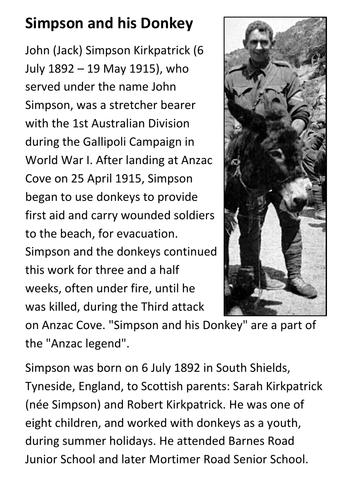 Simpson and his Donkey Handout | Teaching Resources