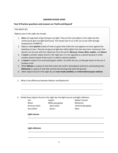 Earth and Beyond worksheet with answers | Teaching Resources