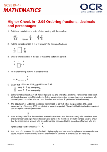 OCR Maths: Higher GCSE - Check In Test 2.04 Ordering fractions ...