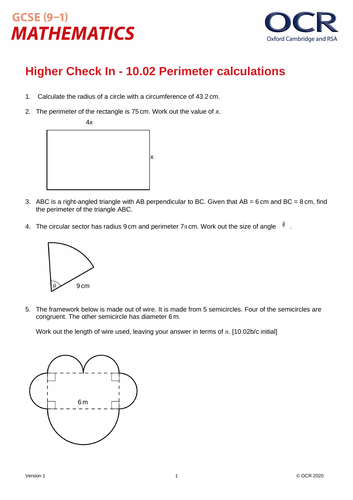 OCR Maths: Higher GCSE - Check In Test 10.02 Perimeter calculations ... OCR Maths: Higher GCSE - Check In Test 10.02 Perimeter calculations ...