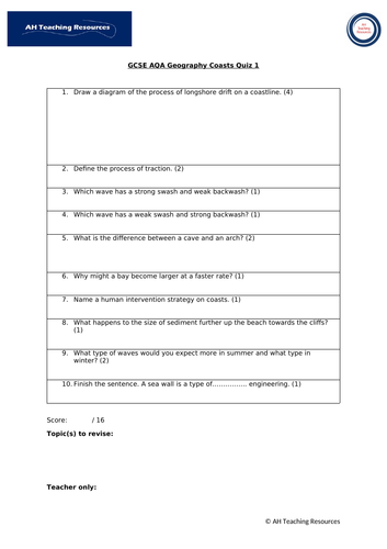 AQA GCSE Geography Coasts Quiz | Teaching Resources AQA GCSE Geography Coasts Quiz | Teaching Resources