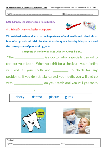 OCN EL3 Dental hygiene worksheets | Teaching Resources