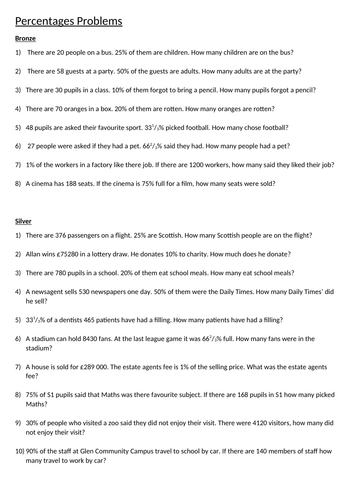 Differentiated Percentage Problems with answers | Teaching Resources