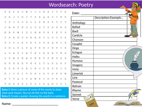 6 x Poetry &amp; Poets Wordsearch Starter Settler Activity Homework Cover ...