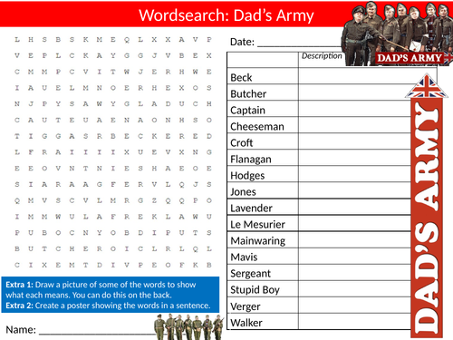 Dad's Army TV Show Wordsearch Sheet Starter Activity Keywords Cover ...