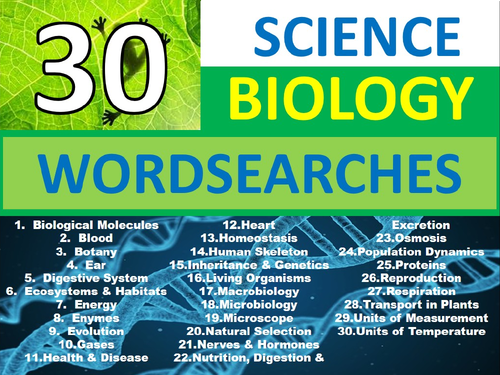 30 x Wordsearches Science Biology Starter Homework Filler Cover Lesson ...