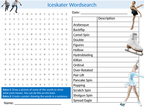 5 x Iceskating Wordsearch Sport Starter Settler Activity Homework Cover ...