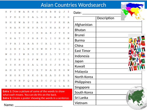 Asian Countries Wordsearch Puzzle Sheet Keywords Settler Starter Cover ...