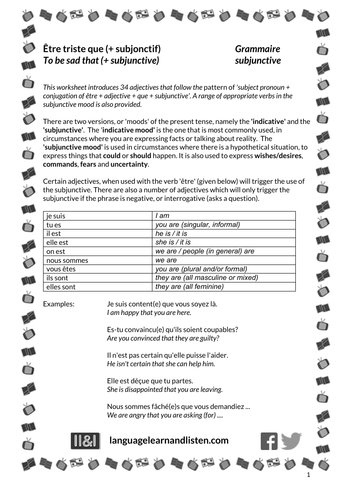 French - Subjunctive - Être triste que | Teaching Resources