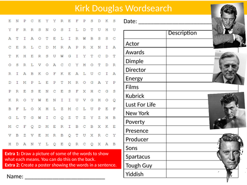 Kirk Douglas Wordsearch Sheet Starter Activity Keywords Cover Celebrity ...