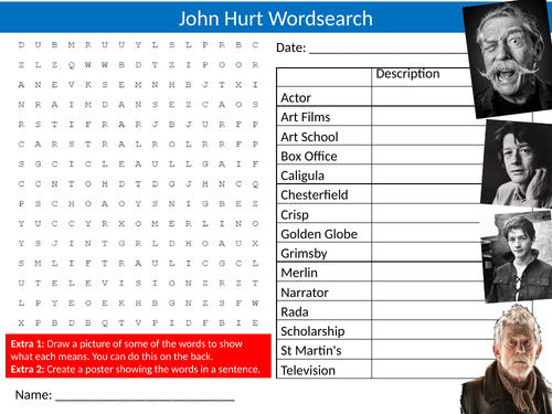 John Hurt Wordsearch Sheet Starter Activity Keywords Cover Celebrity ...