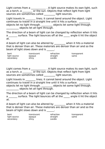 Light Travels in Straight Lines Cloze | Teaching Resources
