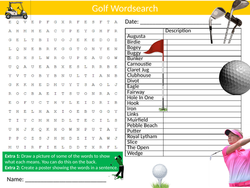 Golf #5 Wordsearch PE Sports Starter Settler Literacy Activity Homework ...