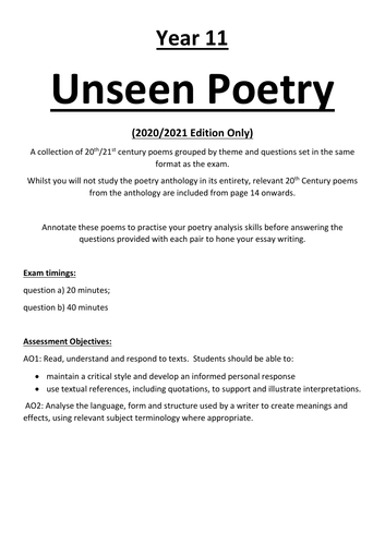 EDUQAS Unseen Poetry Revision Booklet | Teaching Resources
