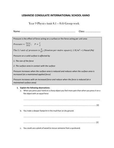 Pressure in solid and liquid | Teaching Resources