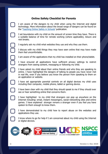 Online Safety Parent Checklist | Teaching Resources