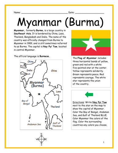 MYANMAR BURMA - Introductory Geography Worksheet | Teaching Resources