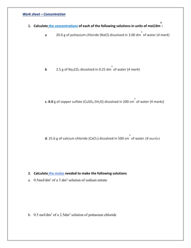 Work sheet for Concentration Calculations | Teaching Resources