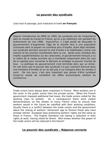 Le pouvoir des syndicats - translation into French | Teaching Resources