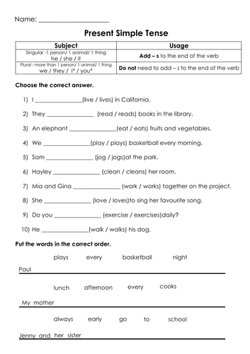 Grammar Present Simple Tense Printable | Teaching Resources