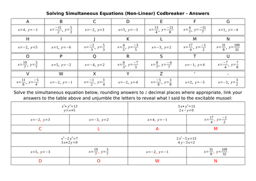 Solving Simultaneous Equations (Non-Linear) Codbreaker | Teaching Resources Solving Simultaneous Equations (Non-Linear) Codbreaker | Teaching Resources