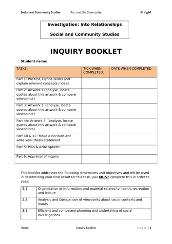 Social and Community Studies - Arts & Community - Inquiry Booklet and ...