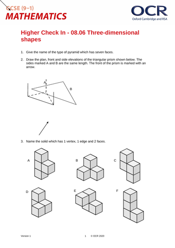 OCR Maths: Higher GCSE - Check In Test 8.06 Three-dimensional shapes ...