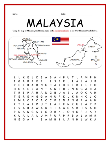MALAYSIA STATES AND TERRITORIES - Word Search Puzzle | Teaching Resources