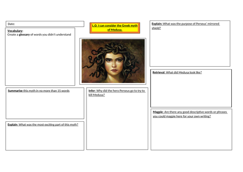 Reading Response/ Knowledge Organiser for Greek myth of Medusa ...