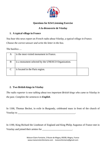 KS4 French Listening Higher - A la découverte de Vézelay | Teaching ...