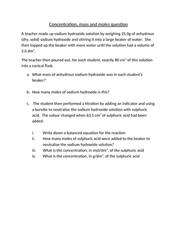 Concentration, mass and moles question | Teaching Resources