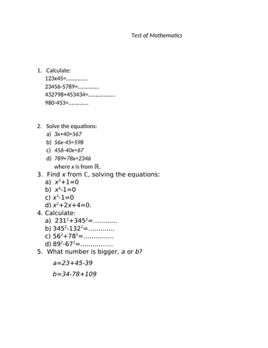 Test of Mathematics | Teaching Resources