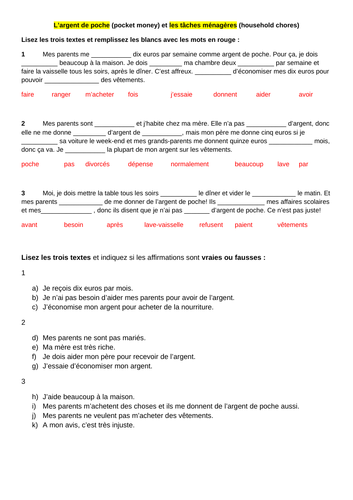 Money and chores exercises KS4 French | Teaching Resources