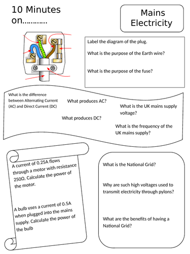 Physics 10 minutes on..... mains electricity | Teaching Resources