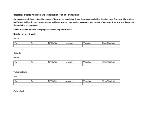 Imperfect worksheet | Teaching Resources