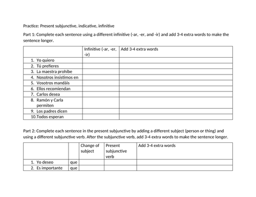 Subjunctive Indicative Infinitive Practice Teaching Resources