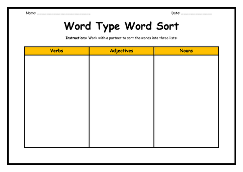 Word Sort - Nouns, Adjectives, Verbs | Teaching Resources
