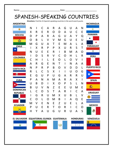 SPANISH-SPEAKING COUNTRIES WORD SEARCH PUZZLE | Teaching Resources