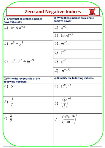 Zero and Negative Indices: Algebraic Indices | Teaching Resources