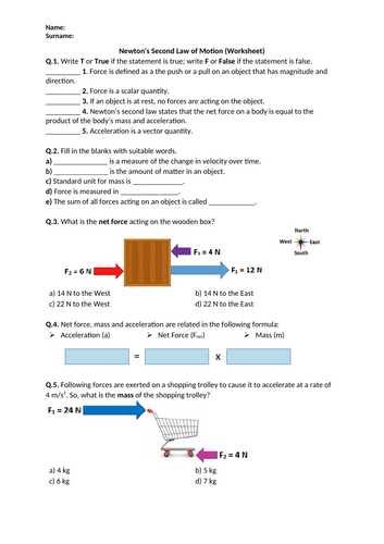 Newton's Second Law of Motion - Worksheet | Distance Learning ...