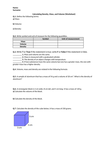 Calculating Density, Mass, and Volume - Worksheet | Distance Learning ...