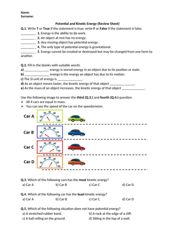 Potential and Kinetic Energy - Worksheet | Distance Learning | Teaching ...