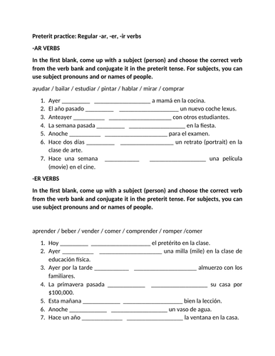 Preterit practice worksheet regular verbs | Teaching Resources