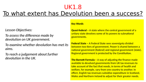 Edexcel - Politics: UK Constitution - Impact of Devolution | Teaching Resources