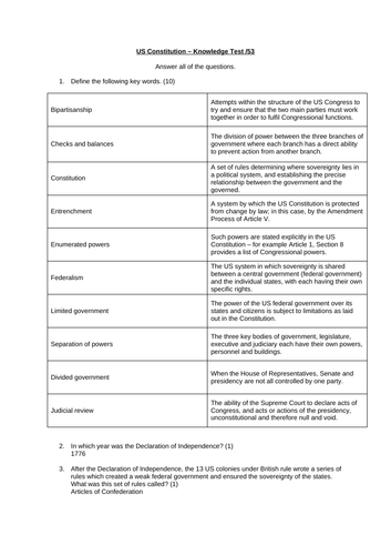 Edexcel - Politics: US Constitution - Knowledge Test and Answers ...