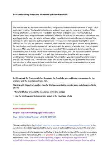 AQA FRANKENSTEIN EXTENT MONSTER IS EVIL HIGH LEVEL RESPONSE | Teaching ...