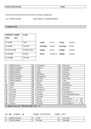 German present tense worksheet and answers | Teaching Resources