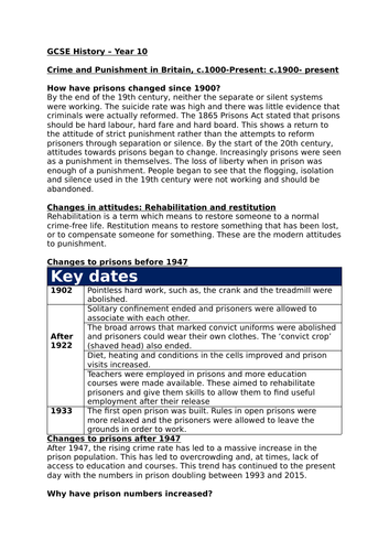 Edexcel GCSE History: Changes to Prisons since 1900 - Crime ...