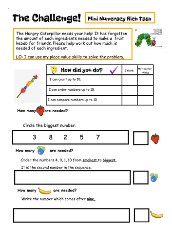 The Hungry Caterpillar maths place value problem solving reception and ...